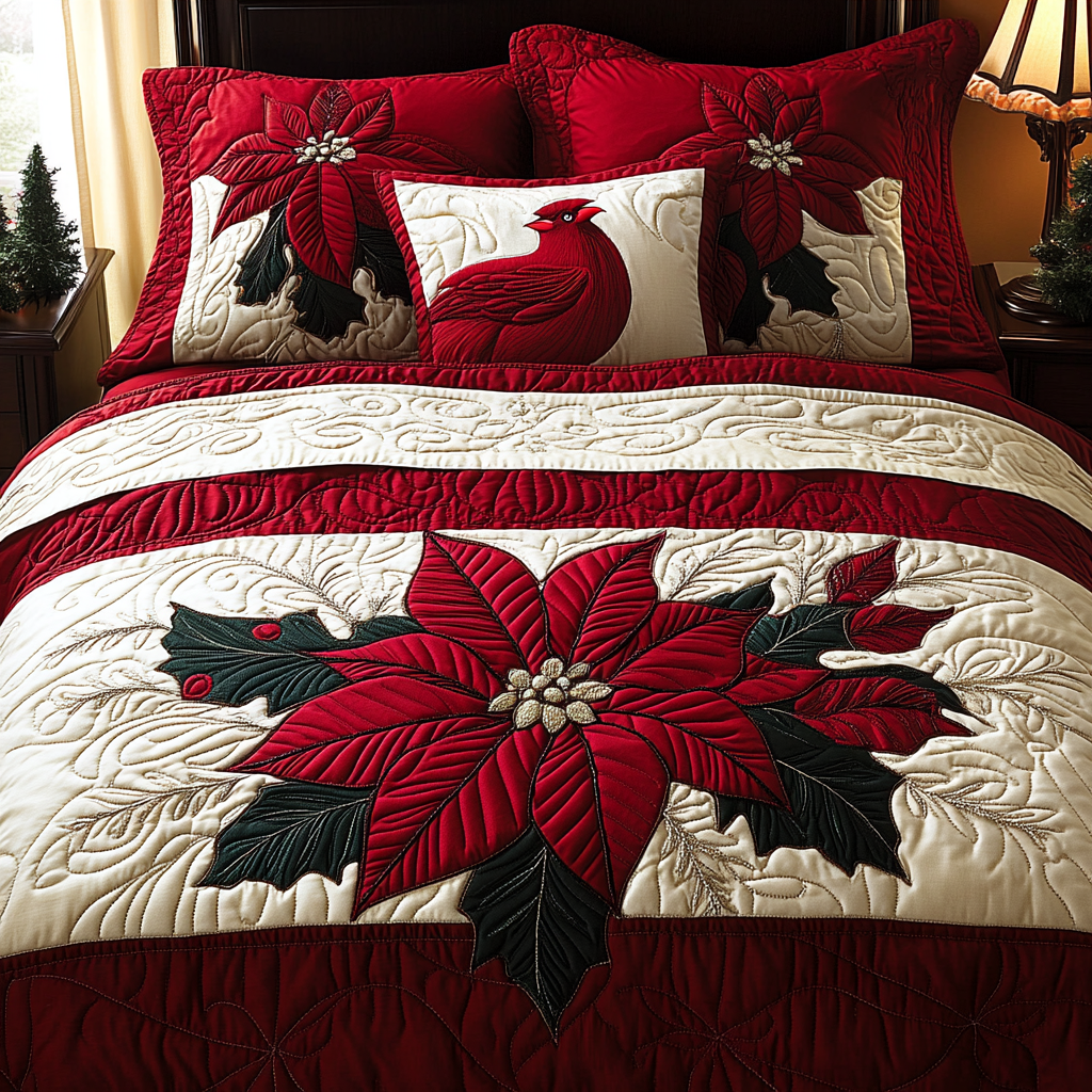 Christmas Poinsettia Cardinal TAI041124235 Quilt Bedding Set – Alpha Quilt